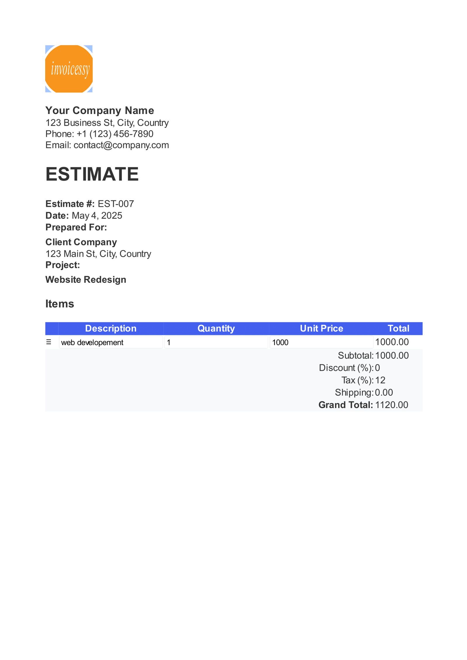 Download template for generating estimates | Invoicessy